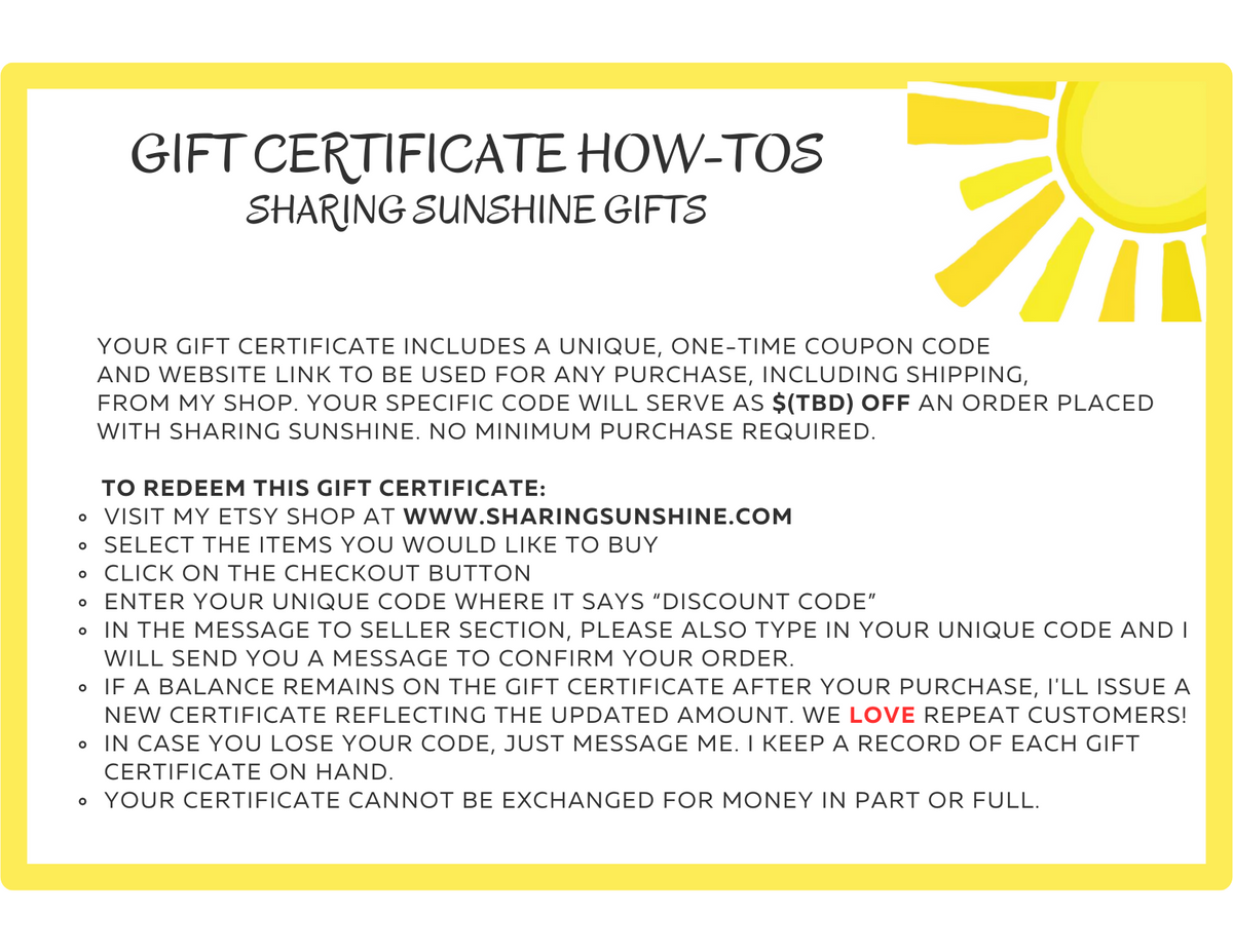 Sharing Sunshine Gift Card / Gift Certificate – Sharing Sunshine Gifts